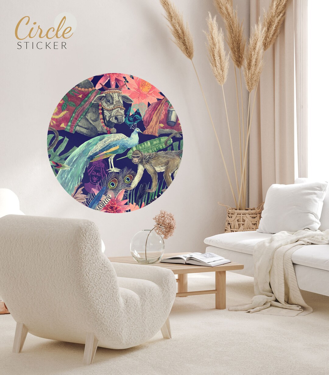 Circle Wall Sticker, Tropical Animals, Flower Wall Decal, Room Wall ...
