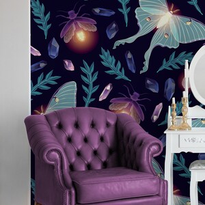 Luna Moth & Firefly Magical Dark Wallpaper, Abstract Insect Wall Mural ...