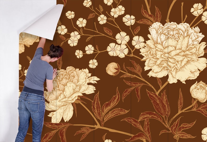 Vector Brown Wallpaper With Elegant Big Flower Pattern, Self Adhesive ...