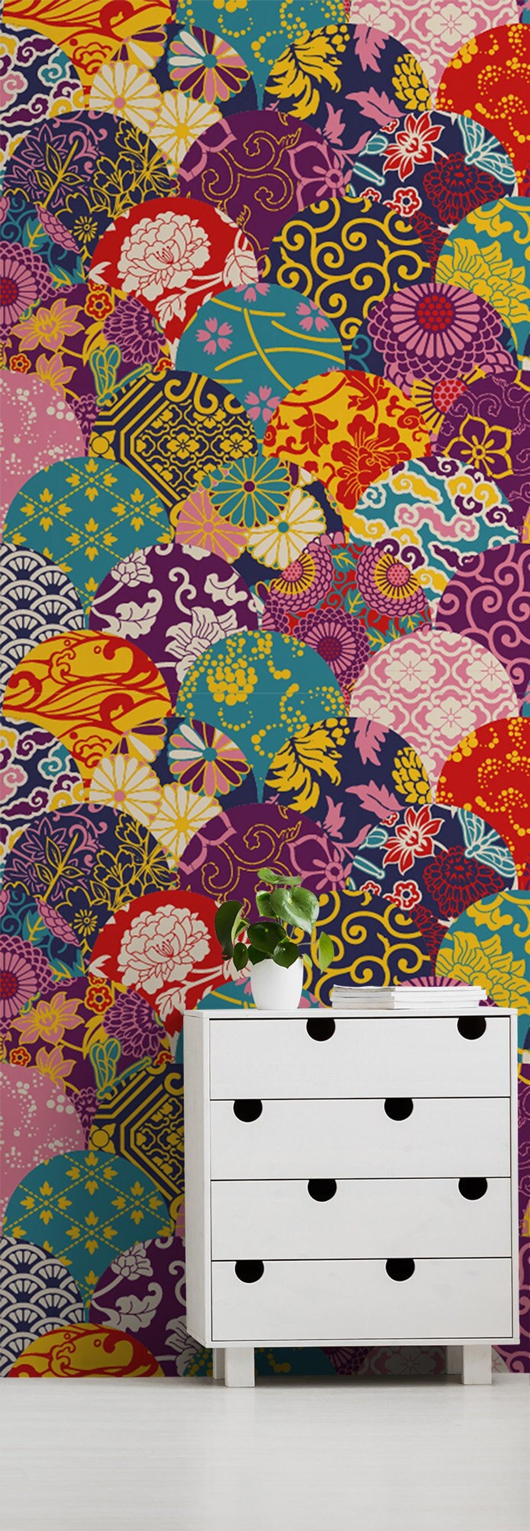 Asian Floral Wallpaper, Colorful Fan Pattern, Peel and Stick Vinyl - Etsy