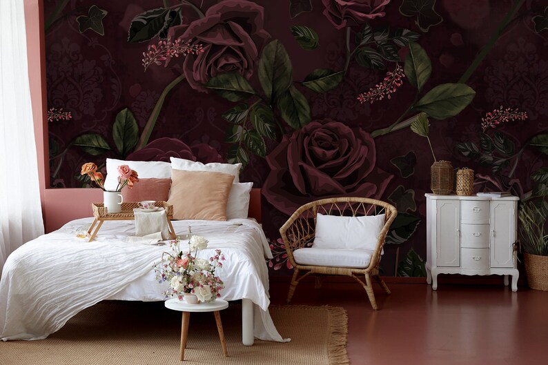 Dark Burgundy Rose Mural, Big Flowers Wallpaper* | Self-adhesive ...