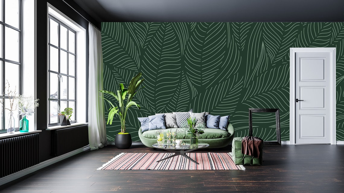 Green Leaf Line Art Wallpaper | Self-adhesive Peel & Stick Mural - Etsy