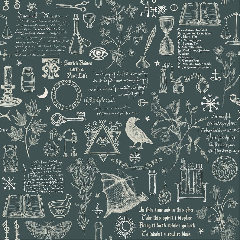 Dark Green Alchemy Motive Wallpaper With Ravens, Bats, Plants and ...