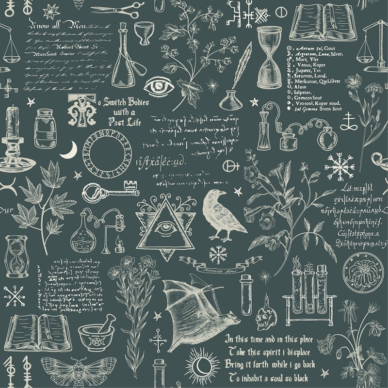 Dark Green Alchemy Wallpaper, Ravens, Bats, Mystic Symbols, Peel and ...