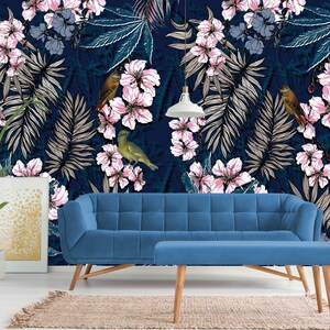 Beautiful Navy Blue Wallpaper With Pale Pink Flowers and Tropical ...