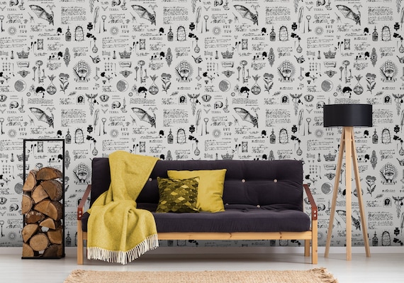 Light Gray Wallpaper With Writings Healing Potions Skulls - Etsy