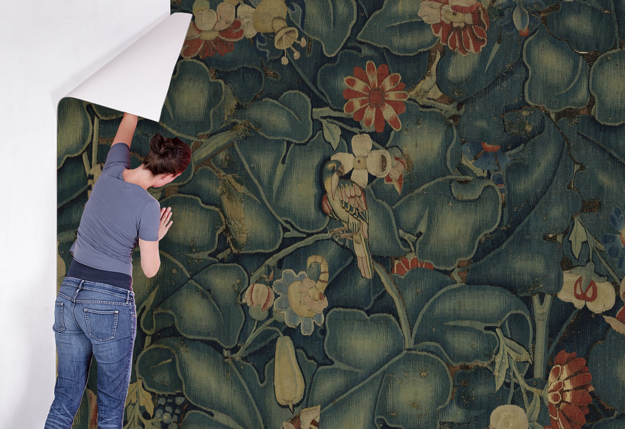 Vintage Old Green Wallpaper With Nature Motive on Fabric, Peel & Stick ...