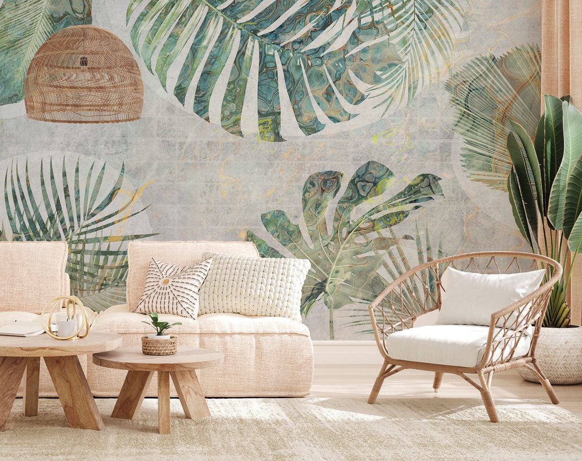 Abstract Patterned Tropical Leaves Wallpaper, Concrete Wall Mural ...