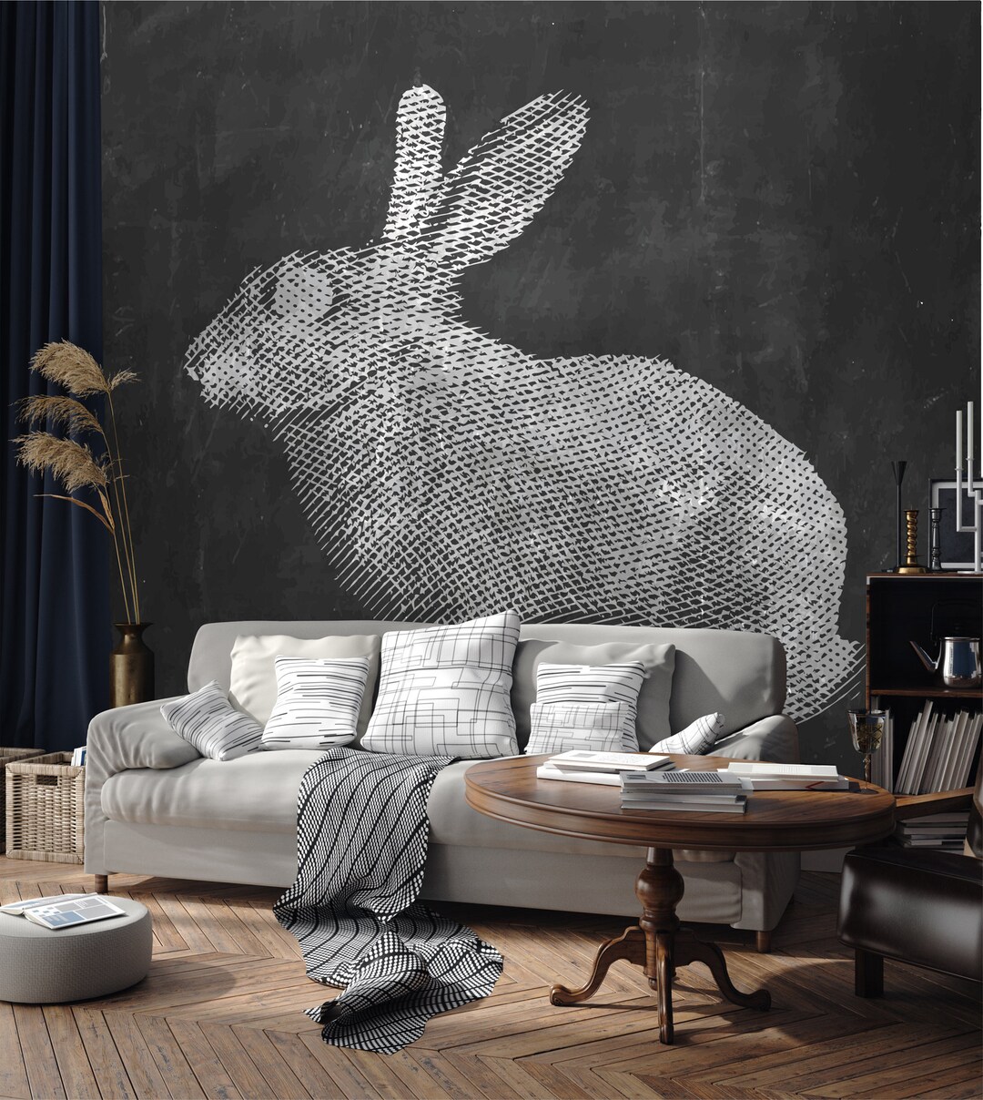 Abstract Cross-hatched Rabbit Wallpaper, Dark Concrete Mural | Self ...