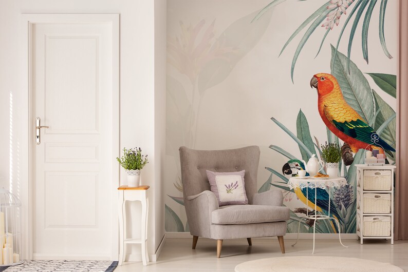 Tropical Wallpaper With Parrots, Self Adhesive, Peel and Stick ...