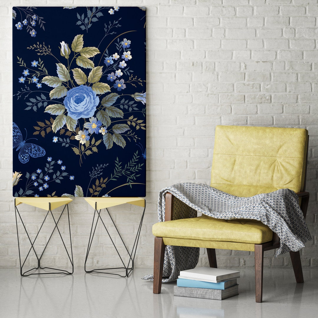 Blue Rose & Butterfly, Canvas Print, Botanical Print, Modern Wall Decor ...