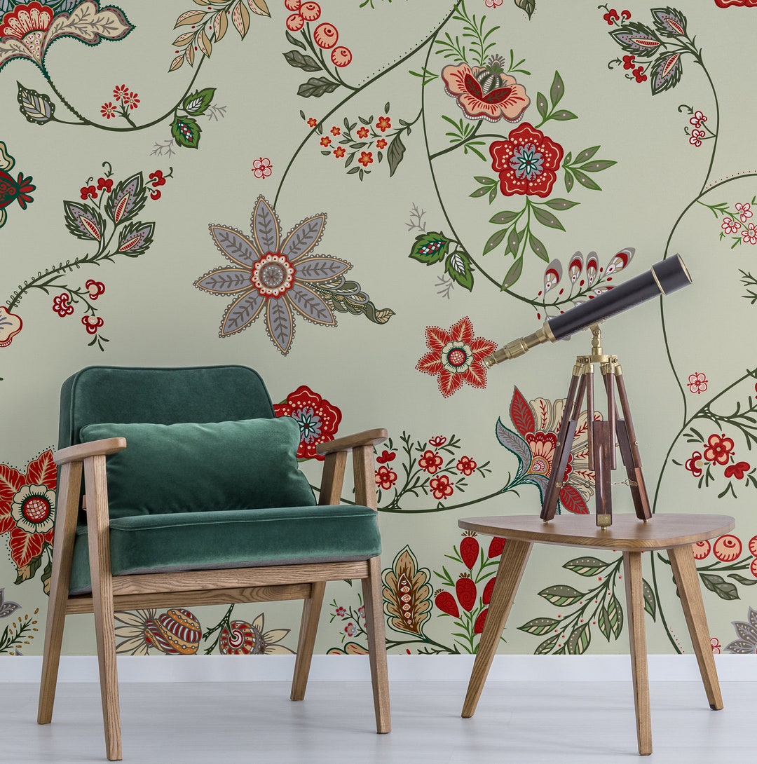 Red & Green Ethnic Floral Leafy Wallpaper, Light Green Abstract Pattern ...