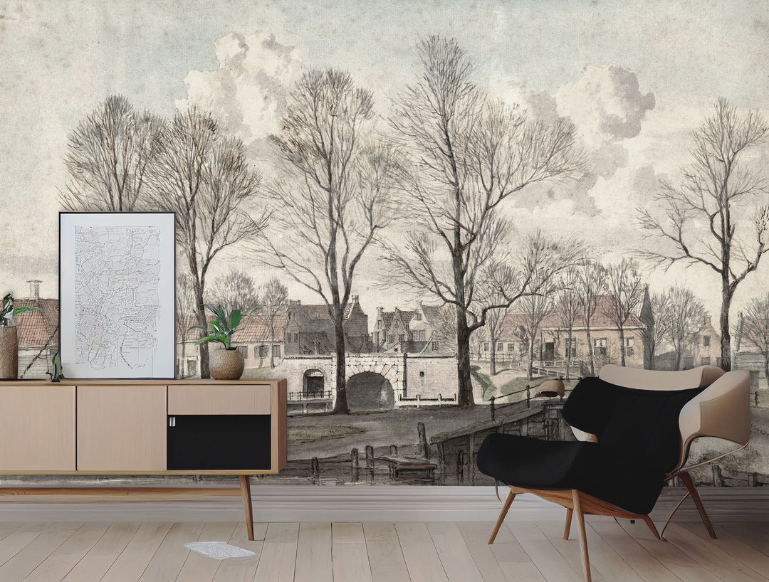 Vintage Urban Landscape Wall Mural, Scenic Wallpaper | Peel and Stick ...