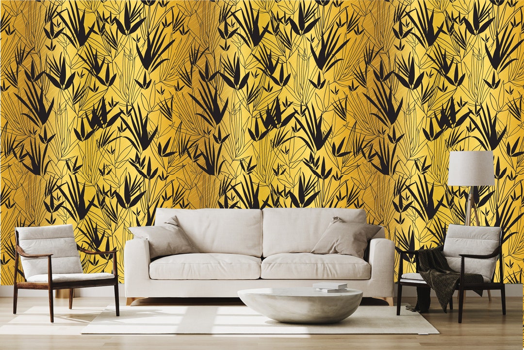 Yellow Wallpaper With Small Dark Leaf Pattern | Self-adhesive ...