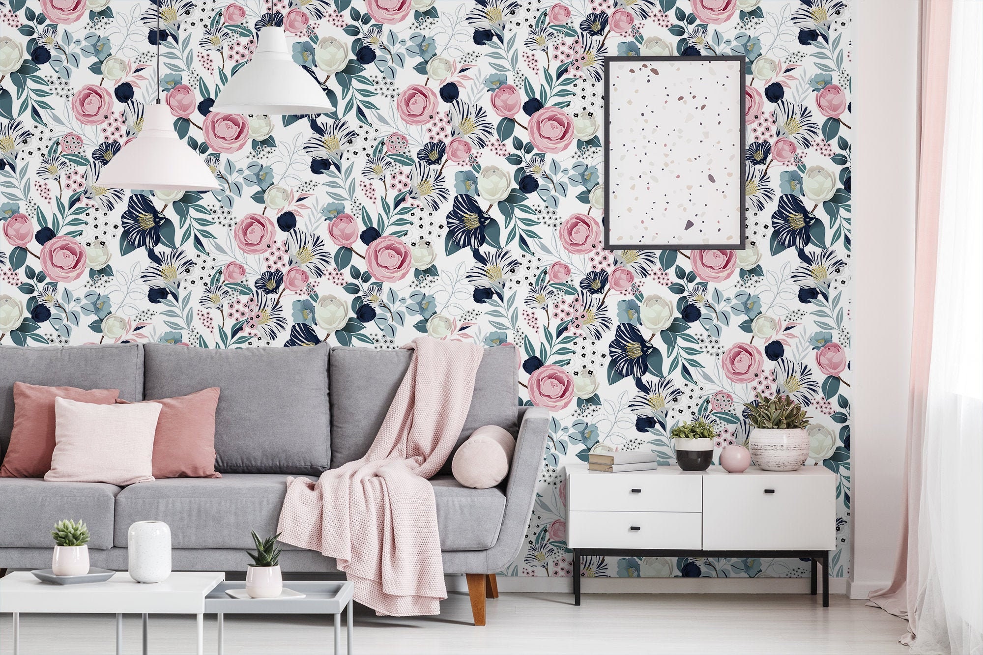 Pink and Green Floral Pattern Wallpaper Peel and Stick Floral | Etsy