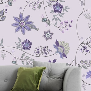 Lilac Ethnic Floral Leafy Wallpaper, Purple Abstract Pattern* | Peel ...
