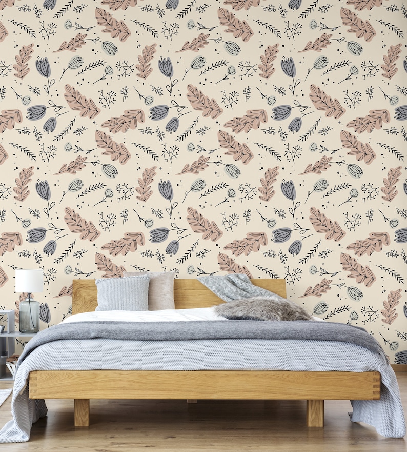 Beige Wallpaper With Small Leaf and Flower Pattern Self - Etsy