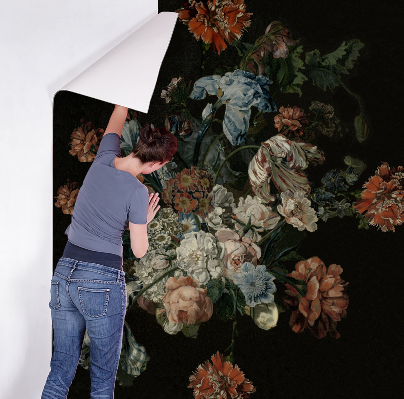 Dark Dutch floral wallpaper with tulips Peel & Stick Self | Etsy