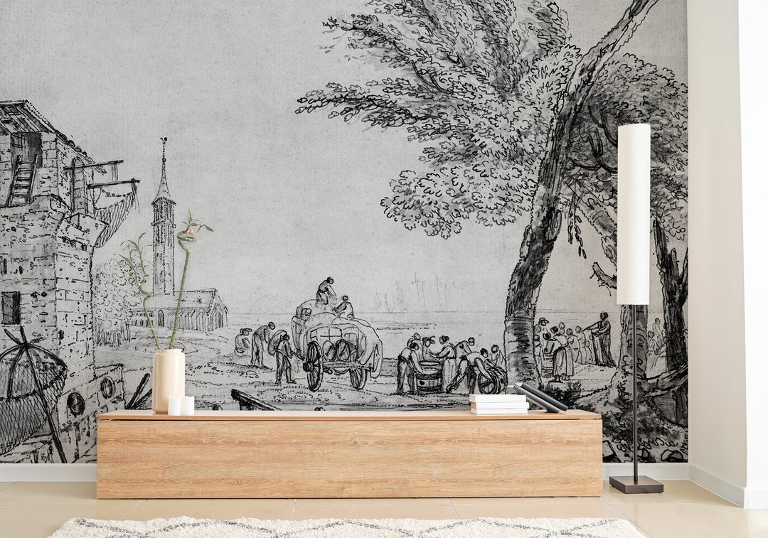 Black and White Rural Wallpaper, Landscape Mural, Vintage Painting Wall ...