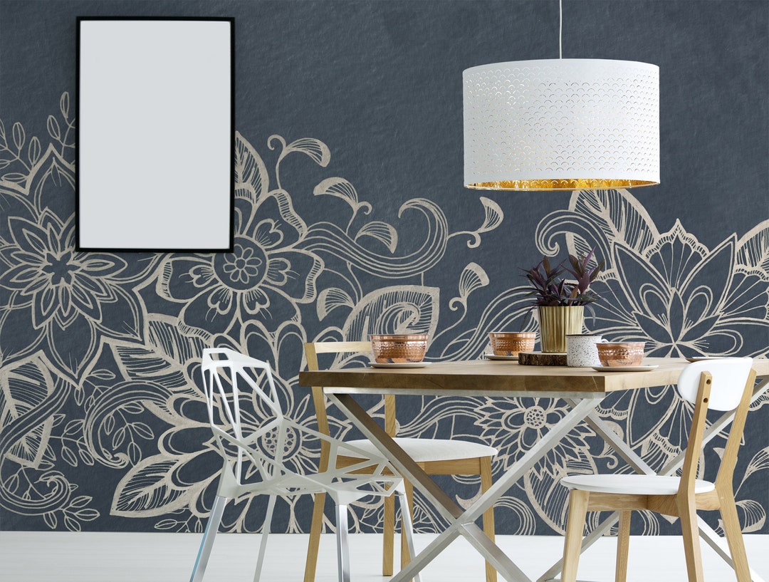 Blue Wallpaper With Elegant Floral Pattern, Self Adhesive, Peel and ...