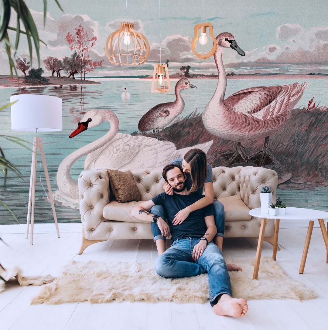 Swans Scenic Wall Mural, Bird Wallpaper, Retro Wall Mural | Peel and ...