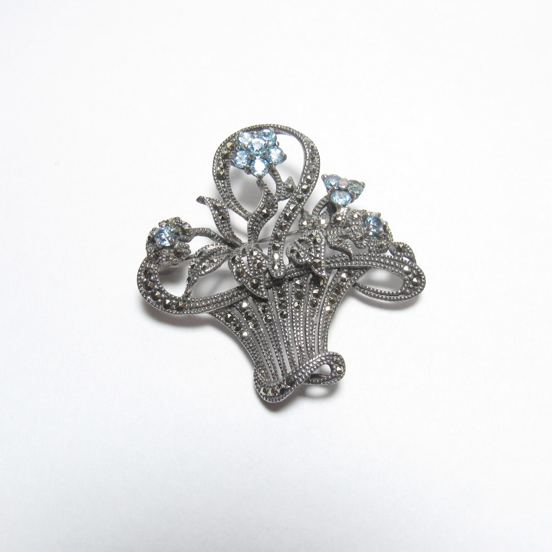 Sterling Silver Natural Ice Blue Topaz and Marcasite Cluster Flower ...