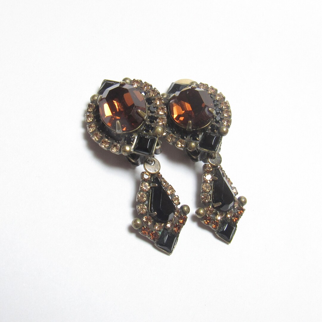 SORRELLI Base Metal Bronze Tone Orange, Brown, Black Rhinestone Clip on ...