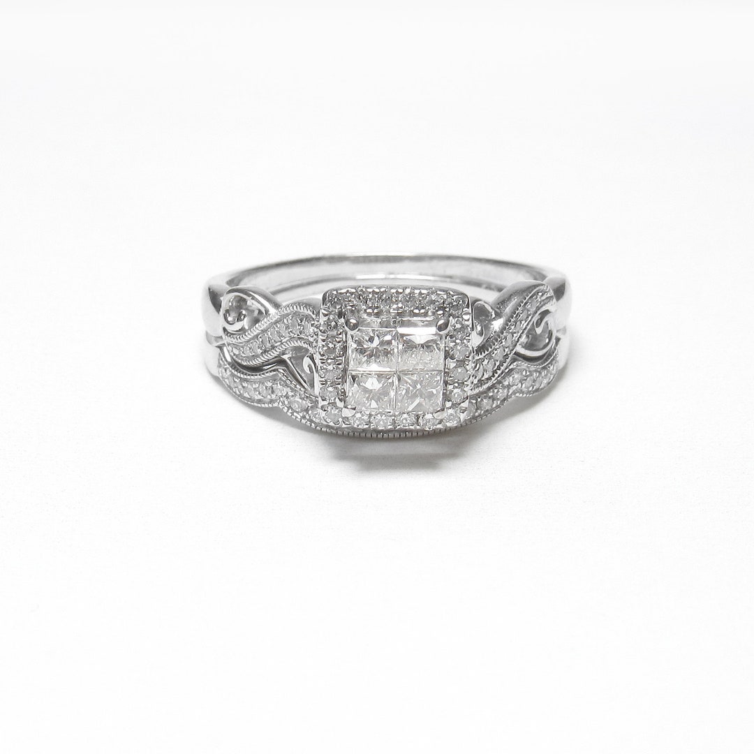 STULLER 14K White Gold Princess, Brilliant Cut Diamond Ring and Band 1. ...