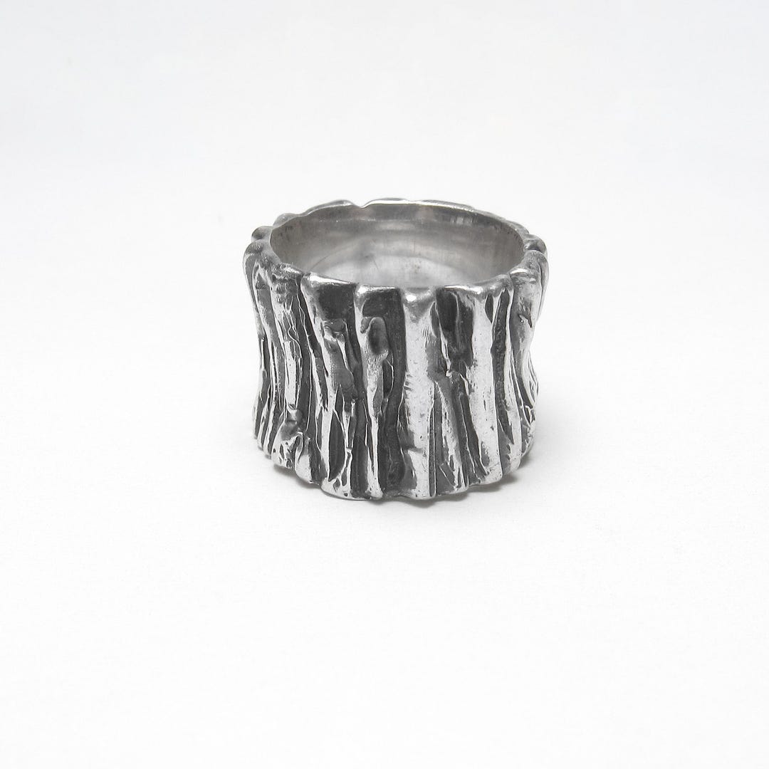 Heavy Wide Sterling Silver Carved Tree Trunk Design Band Style Ring ...