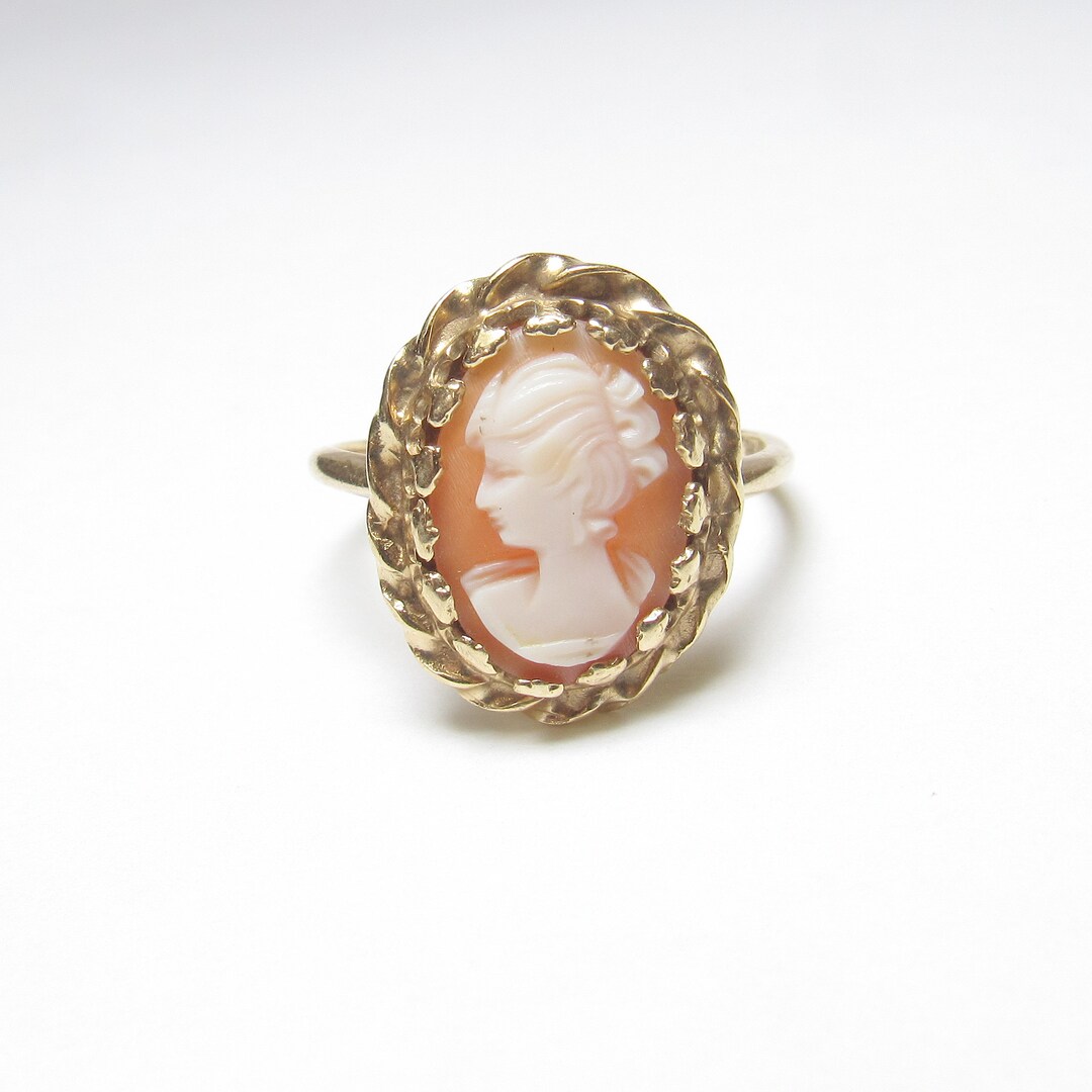 SKAL 14K Yellow Gold Hand Carved Shell Cameo of Curly Hair Woman Ring ...
