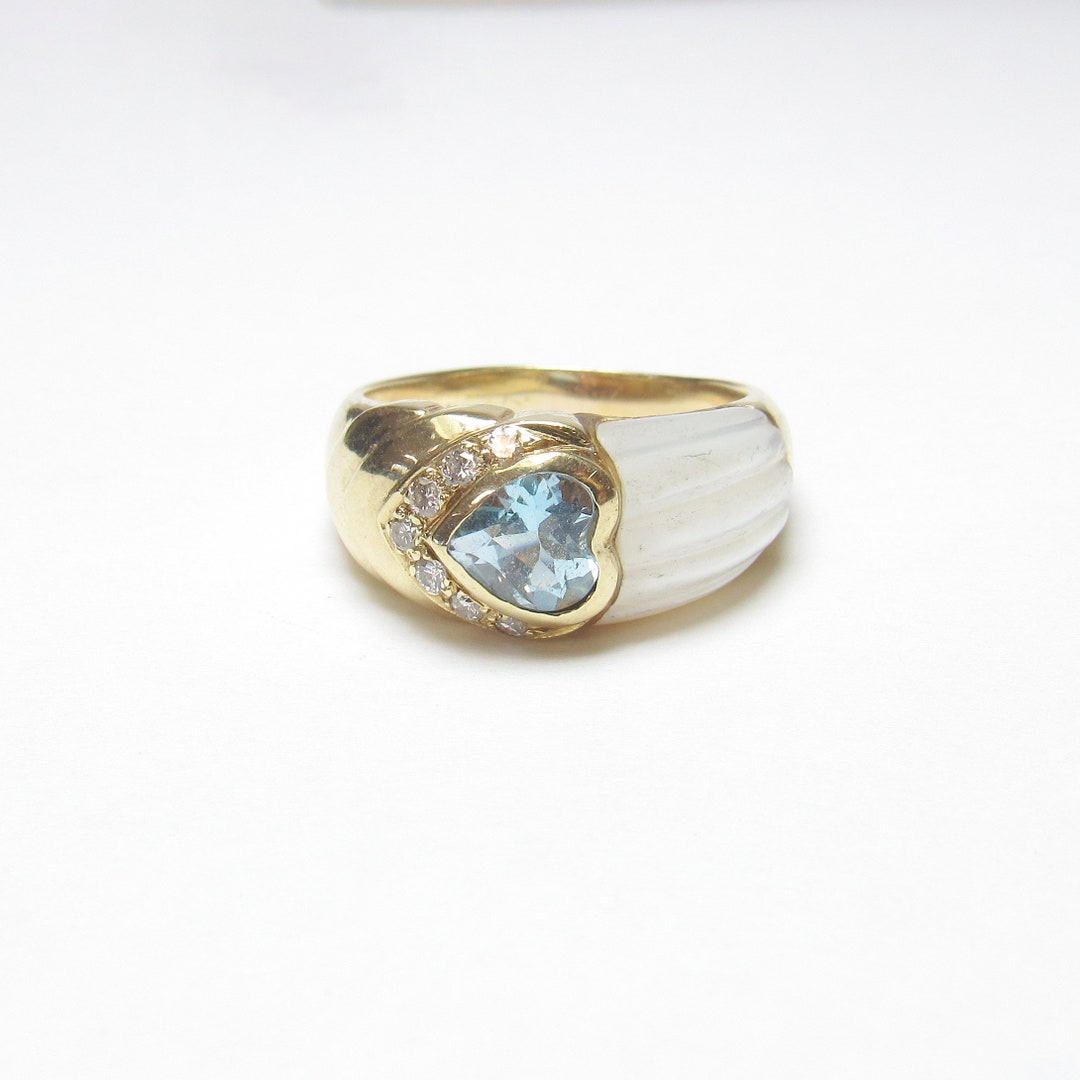 14K Yellow Gold 0.75 Ct Natural Heart Ice Blue Topaz, Mother of Pearl ...