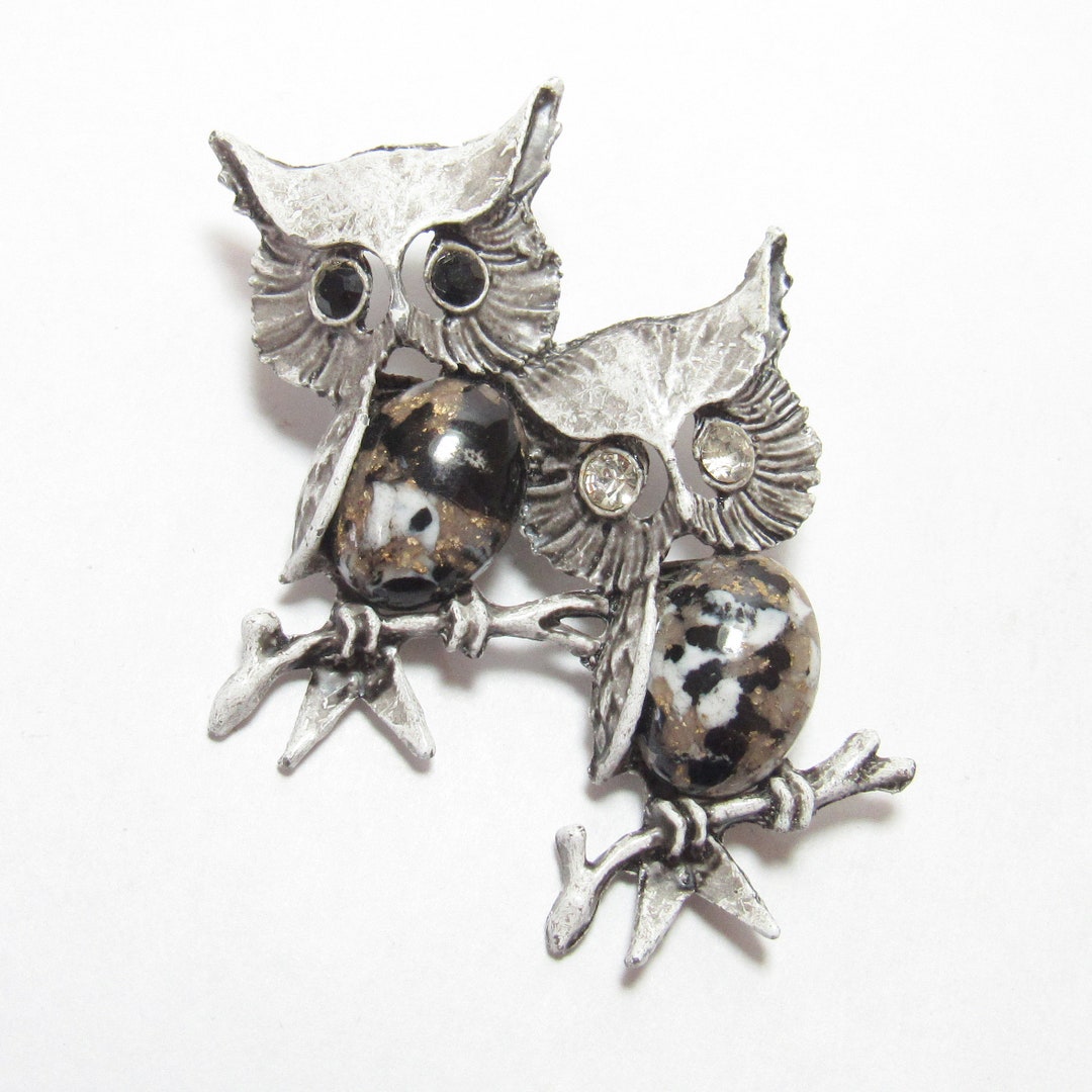 MADEIRA CREATIONS HMS Base Metal Rhinestone and Zebra Jasper Double Owl ...