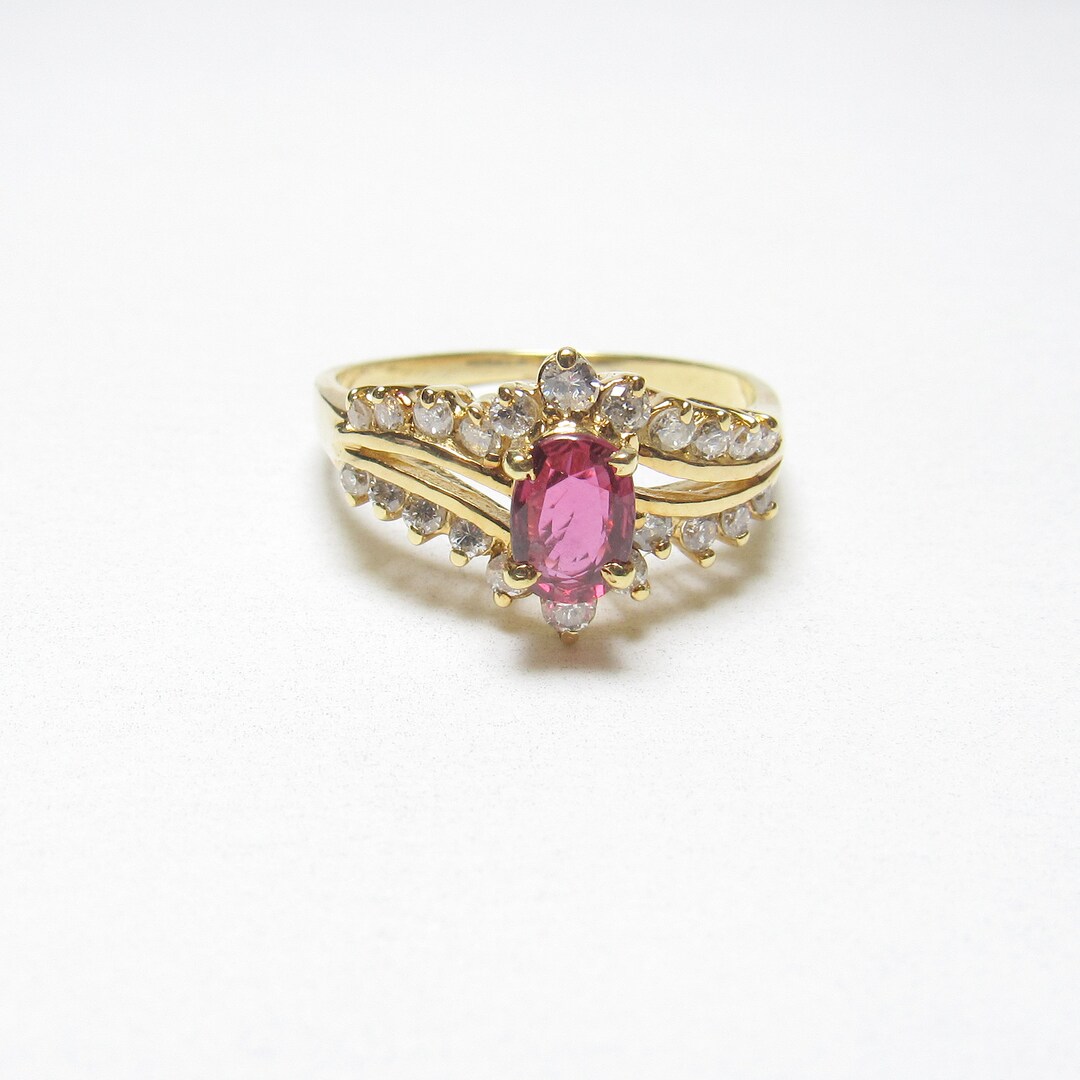 18K Yellow Gold 0.42 Ct Natural Oval Wine Red Ruby and Diamond Ring ...