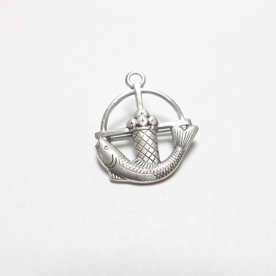 CREED Sterling Silver Salmon, Cross and Bread Basket Christian Brooch ...