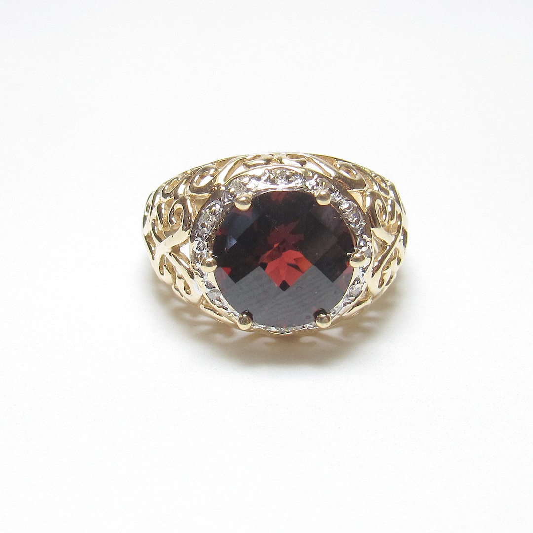 EMA 14K Yellow Gold 4.00 Ct Natural Cherry Red Garnet and Diamond Ring ...