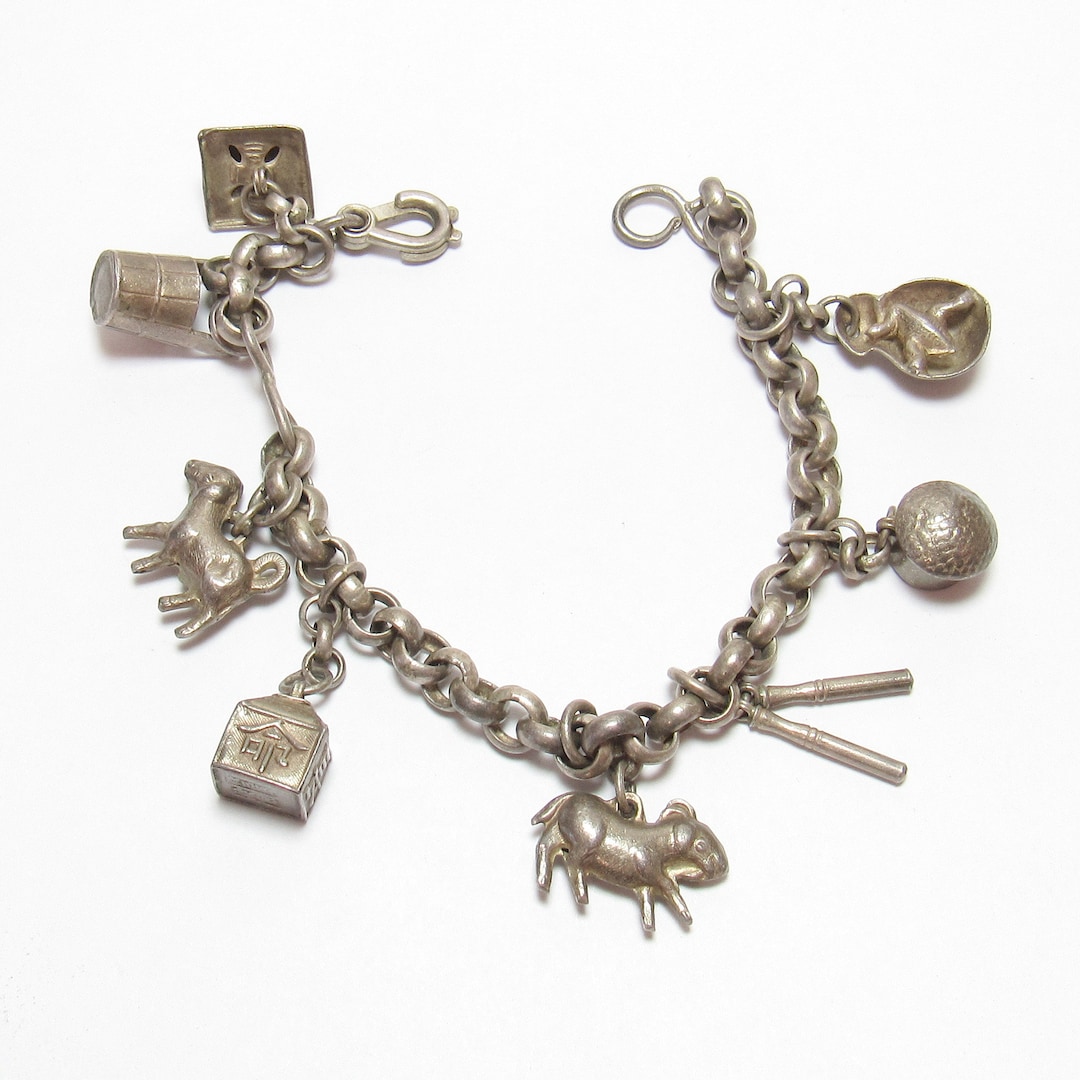 Sterling Silver Chinese Charm Bracelet With 6 Charms and 2 Seed Box ...