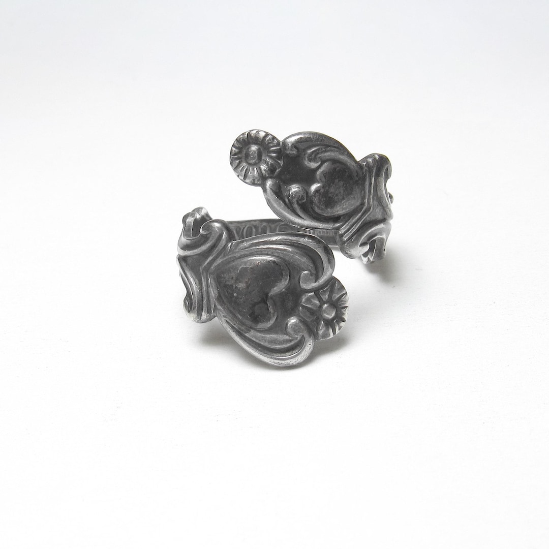 AVON Sterling Silver Treasured Heart Flower Bypass Spoon Ring 1970's ...