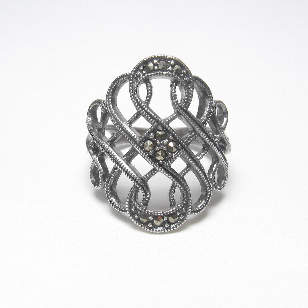 NEVADA JEWELRY Sterling Silver Ten Round Marcasite Cut Out Design Ring ...