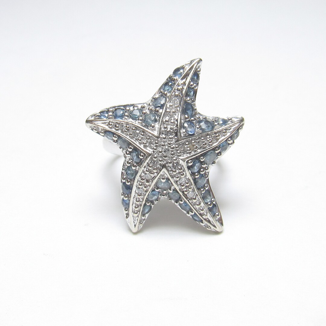 14K White Gold Natural Blue Sapphire and Diamond Cluster Starfish Ring ...