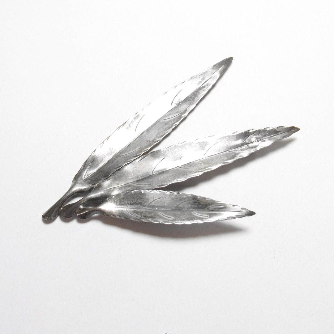 Large STUART NYE Sterling Silver Detailed Three Willow Leaf Brooch Pin ...