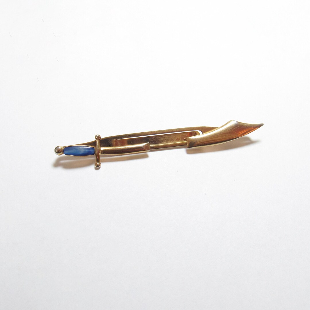 SWANK Base Metal Gold Tone Blue Glass Handle Scimitar Sword Tie Clip ...