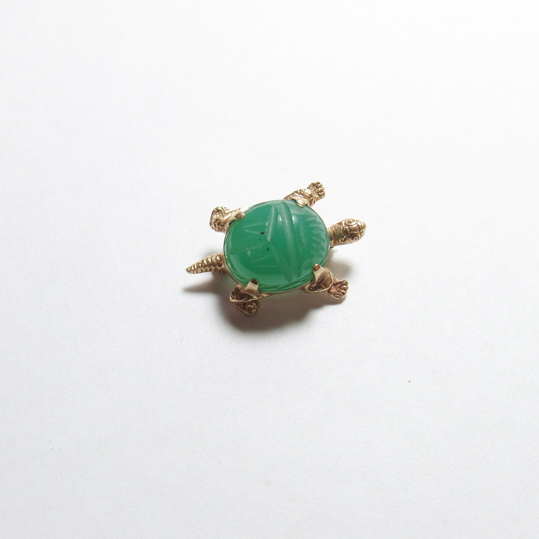 DESIGNER 14K Yellow Gold Natural Carved Green Scarab Chrysoprase Turtle ...