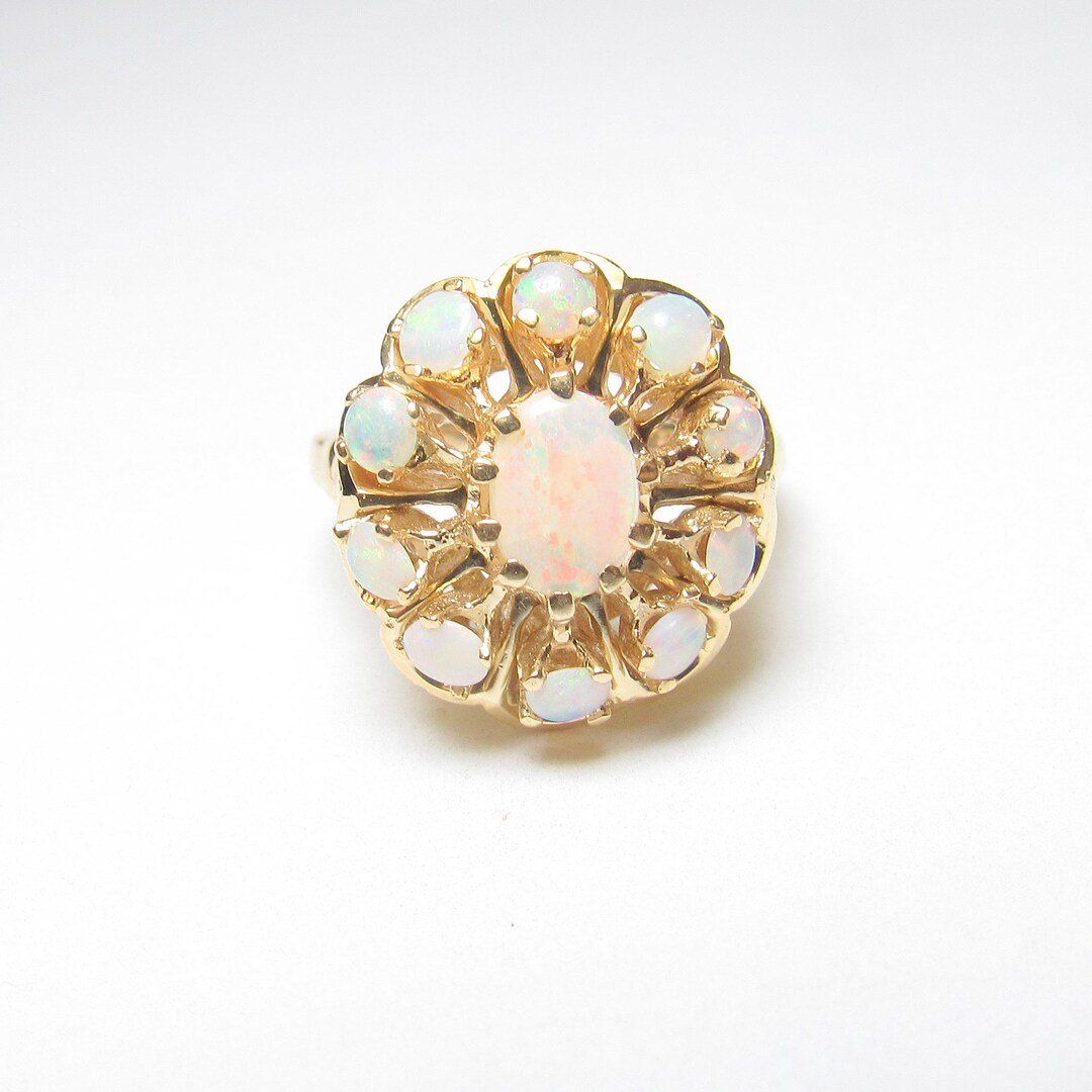 SECO 14K Yellow Gold Natural Oval and Round Colorful Opal Ring 0.75 Cts ...