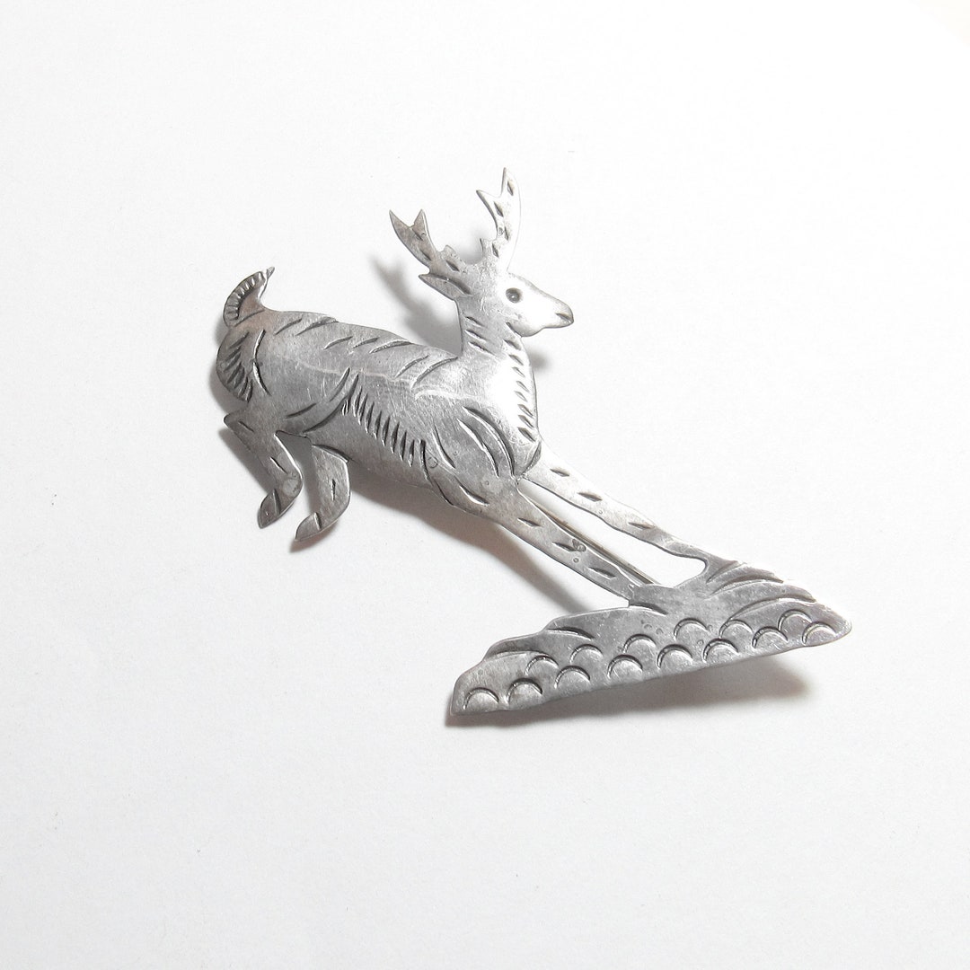 TOM SAM Navajo Sterling Silver Detailed Jumping Deer Brooch Pin Vintage ...