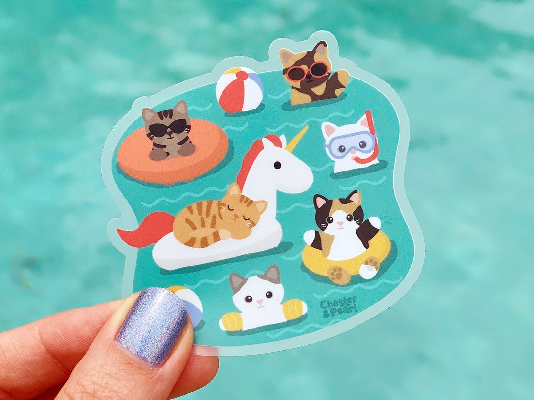 Pool Pawty Cat Waterproof Vinyl Sticker, Kitty Water Bottle Decals ...