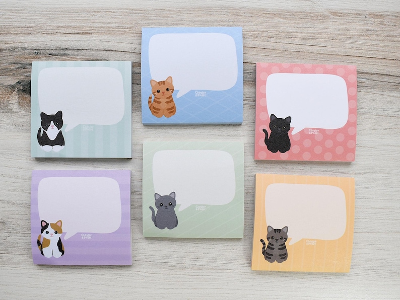Cat Sticky Note Pad Set of 6, Cute Sticky Notes, Cat Post It Notes ...