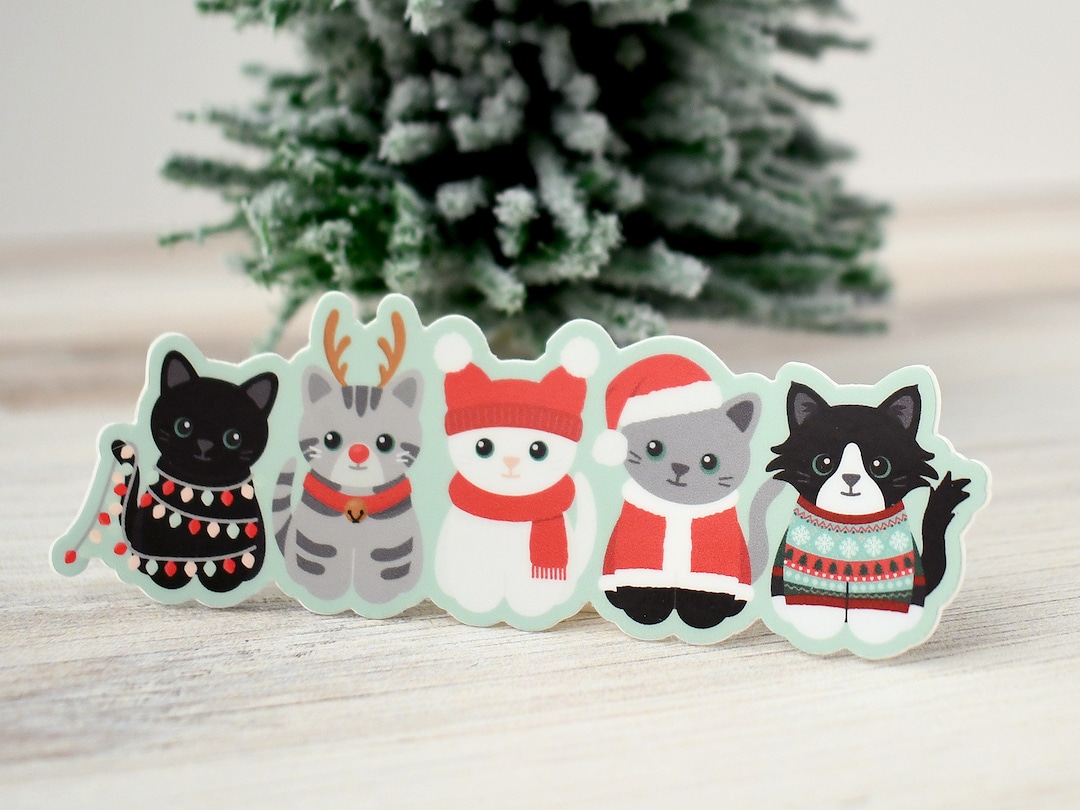 Christmas Cat Sticker, Vinyl Cat Stickers, Cute Winter Cat Decal for ...