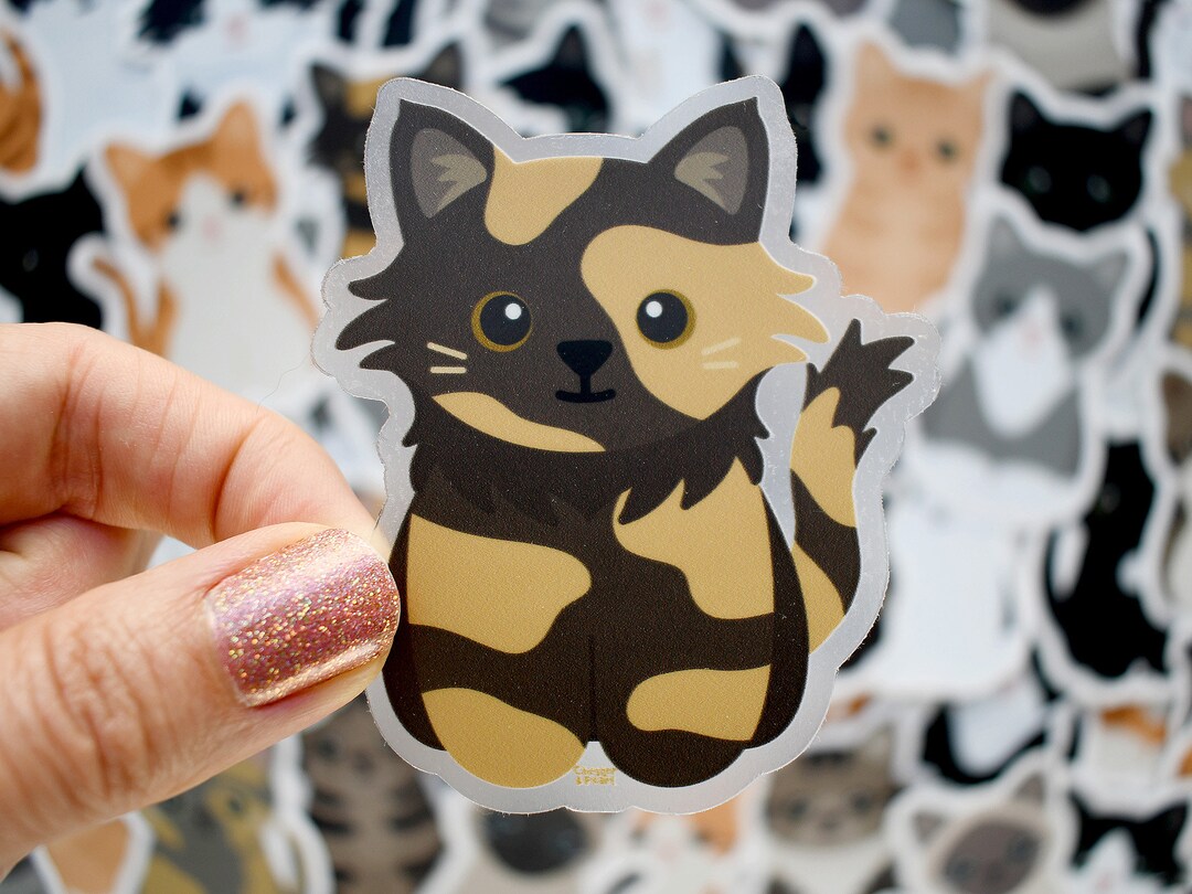 Long Haired Tortie Cat Vinyl Sticker for Water Bottle and Laptop, Cute ...