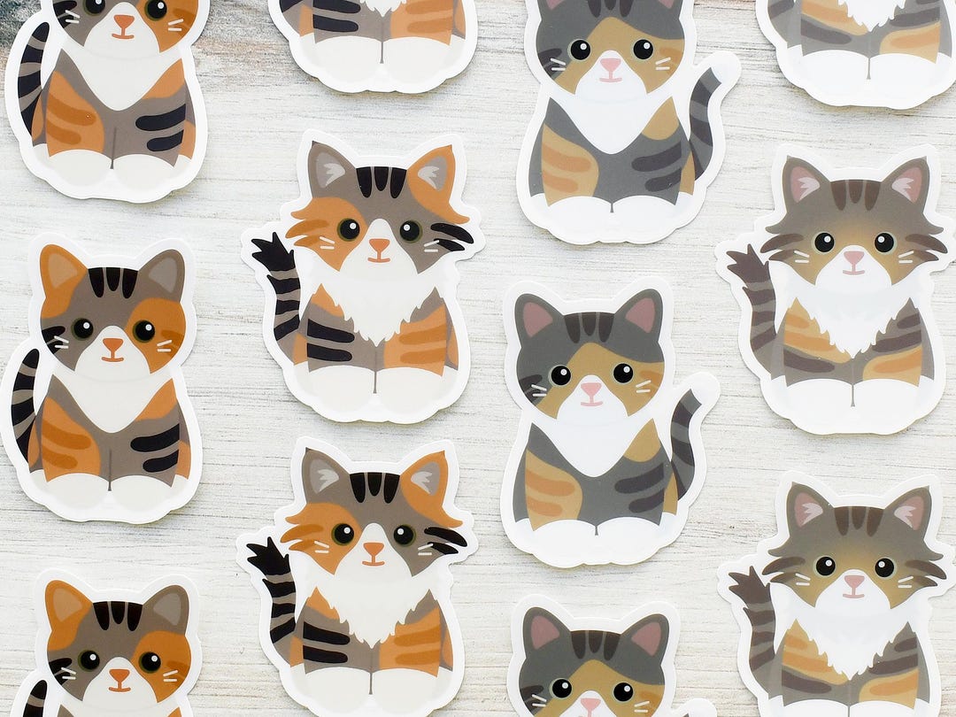 Tabico Cat Vinyl Sticker, Tabby Calico Water Bottle Decal, Cute Cartoon ...