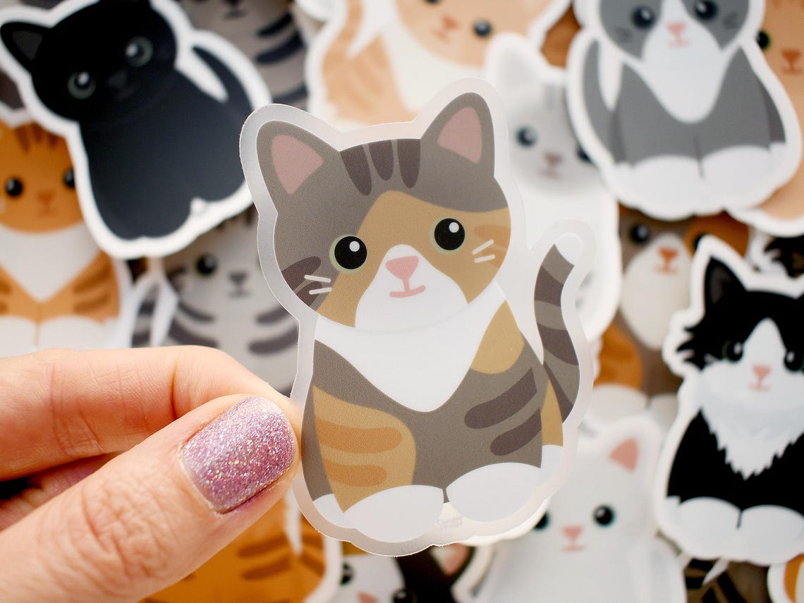 Tabico Cat Vinyl Sticker, Tabby Calico Water Bottle Decal, Cute Cartoon ...
